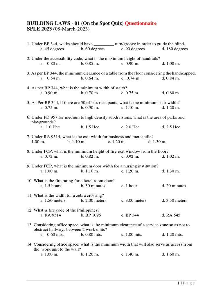 BUILDING LAWS 01 On The Spot Quiz Questionnaire | PDF | Fires | Materials