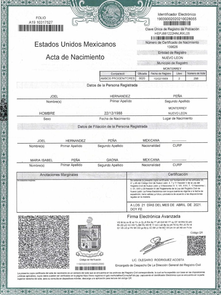 Acta de Nacimiento Con Apostilla - Joel Hernandez PDF | PDF