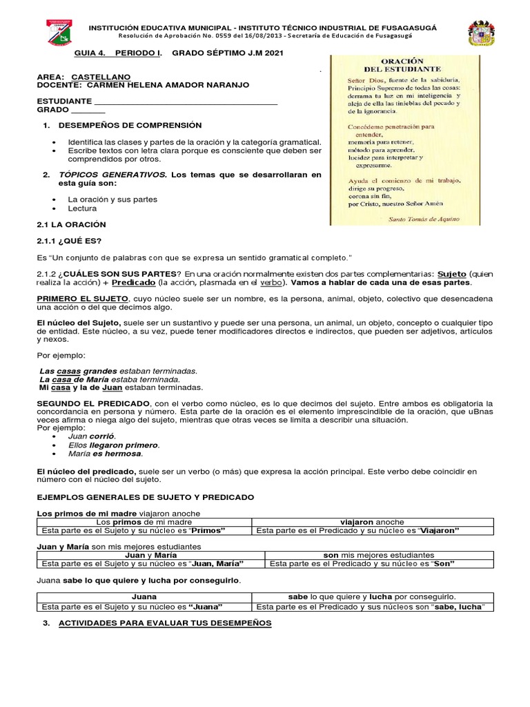 Guía de Castellano para Séptimo Grado | PDF | Asunto (gramática) | Predicado (Gramática)