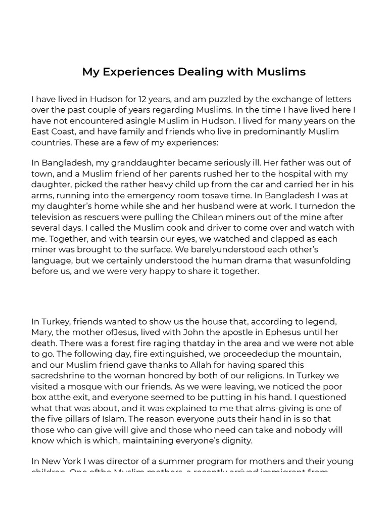 My Experiences Dealing With Muslims - (Essay Example), 502 Words ...