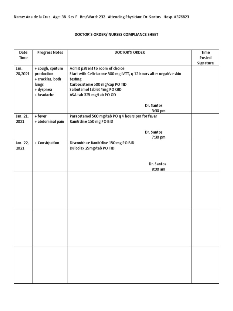 DOCTORS ORDER SHEET - Sample Exercise For Students | PDF