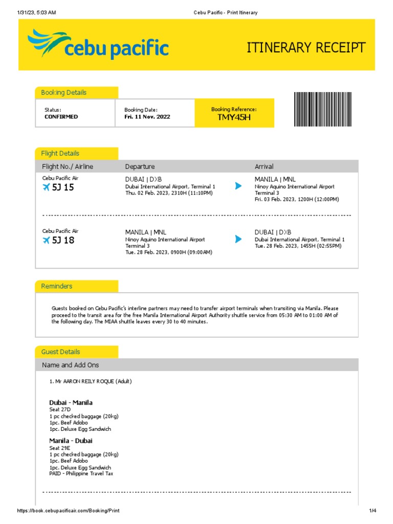 Cebu Pacific Print Itinerary PDF | PDF | Aviation | Transport