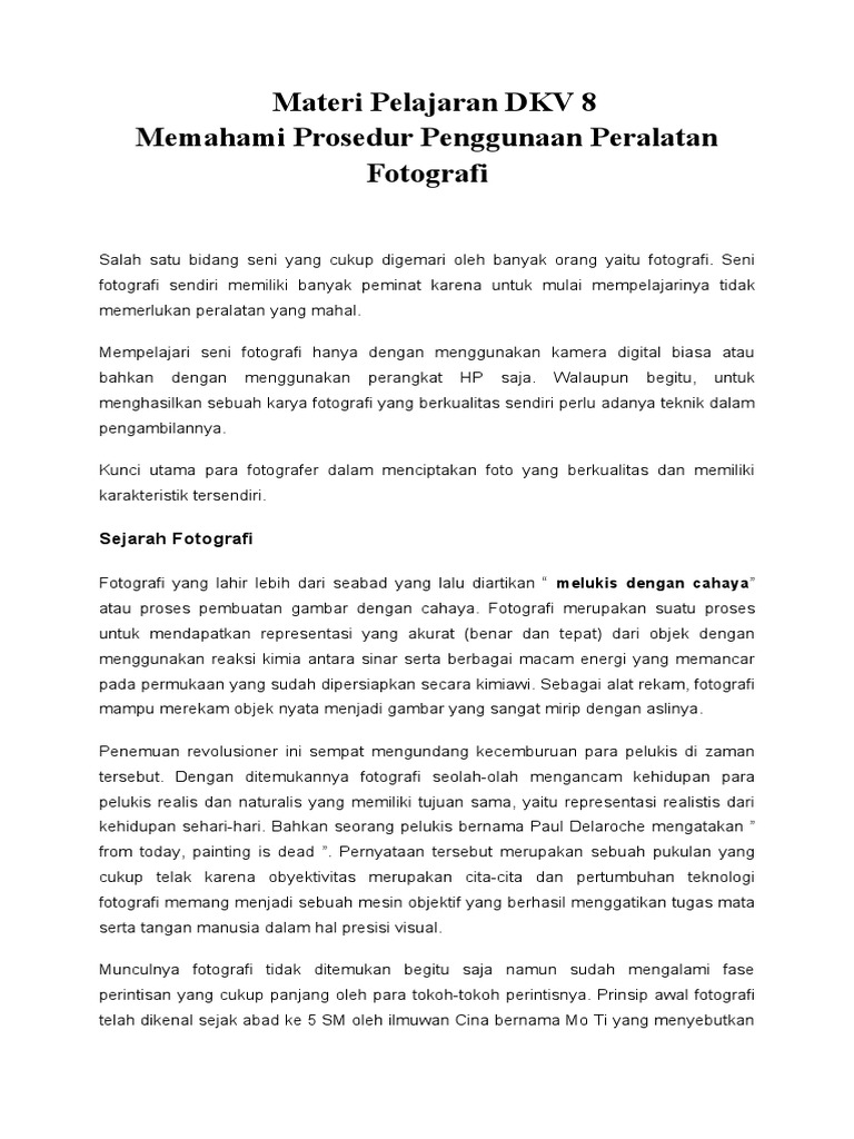 Materi Pelajaran Fotografi Dasar DKV Elemen 8 | PDF