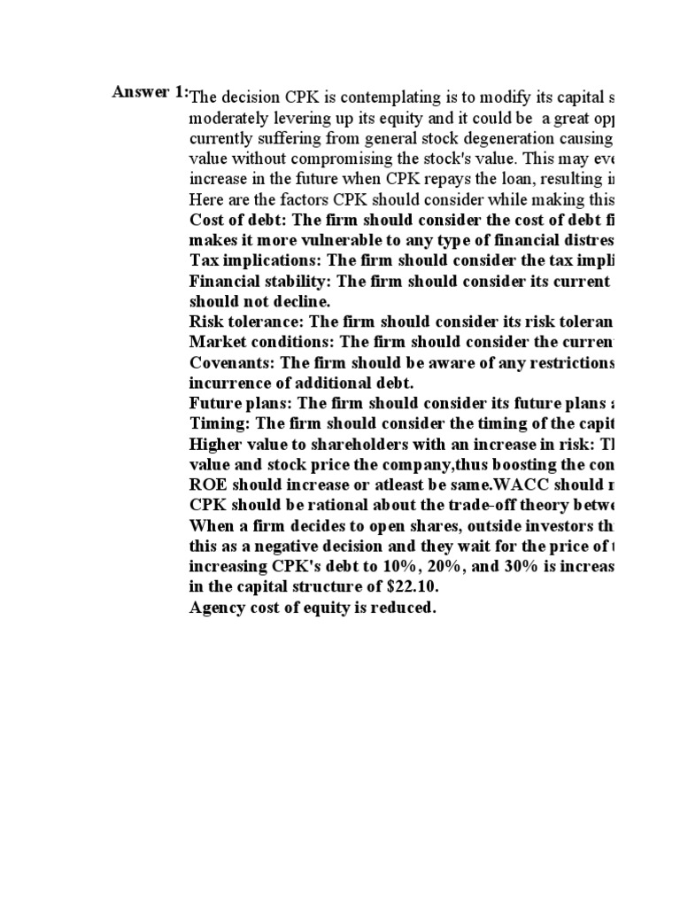 CPK Case Analysis | PDF | Capital Structure | Cost Of Capital