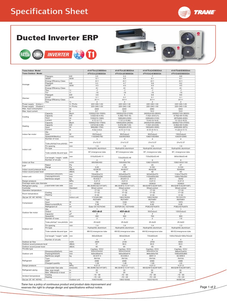 Fiche Technique TRAN Gainable INVERTER R410 PDF | PDF