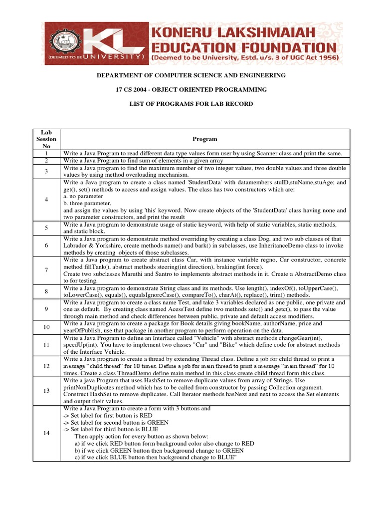 List Of Programs Lab Record Pdf Method Computer Programming Class Computer Programming
