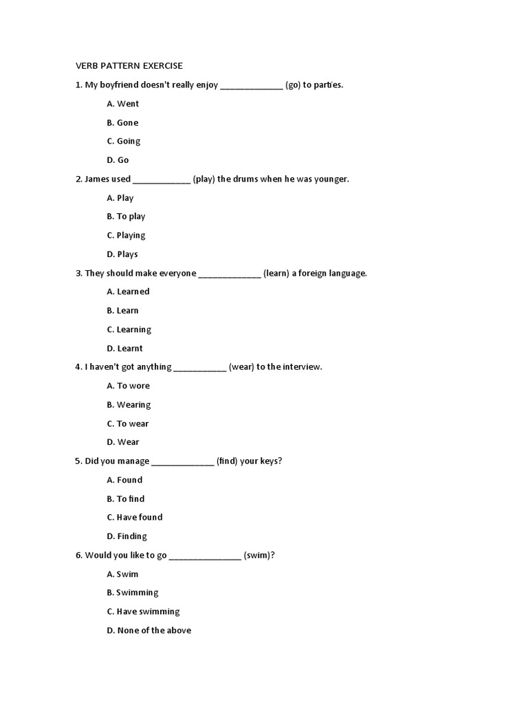 Verb Pattern Exercise | PDF