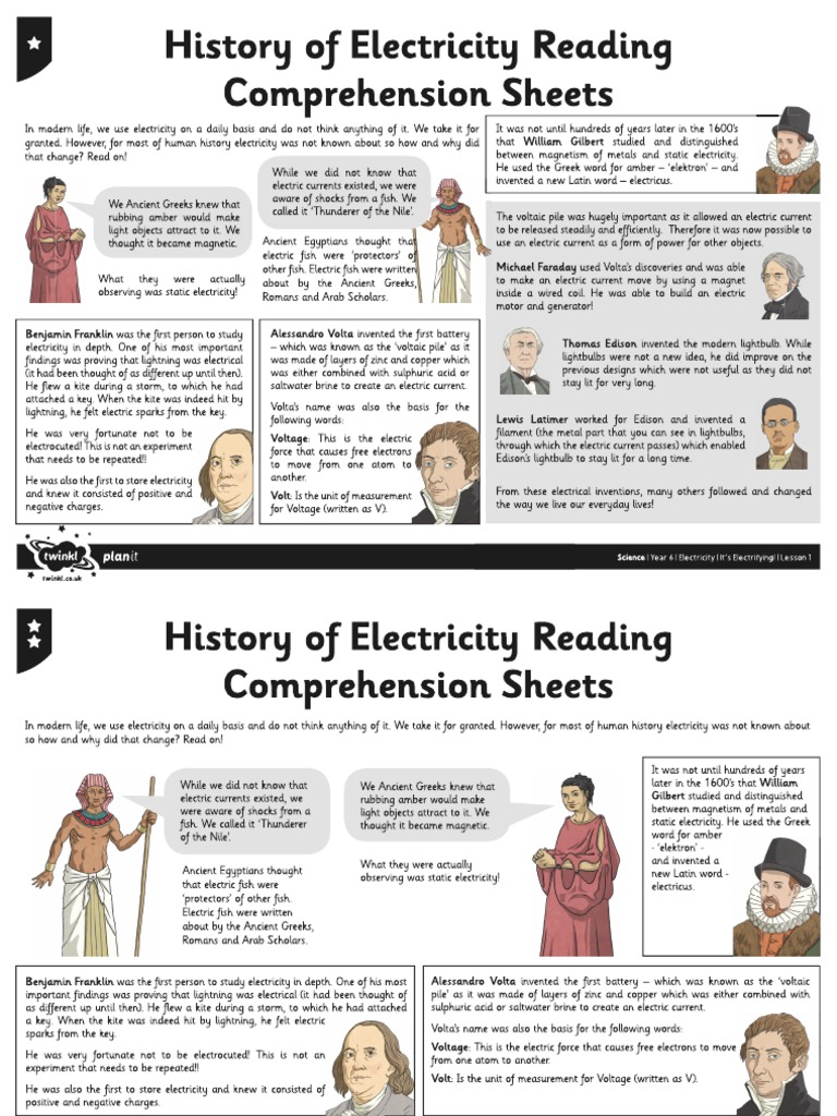 History of Electricity Comprehension Sheet | PDF