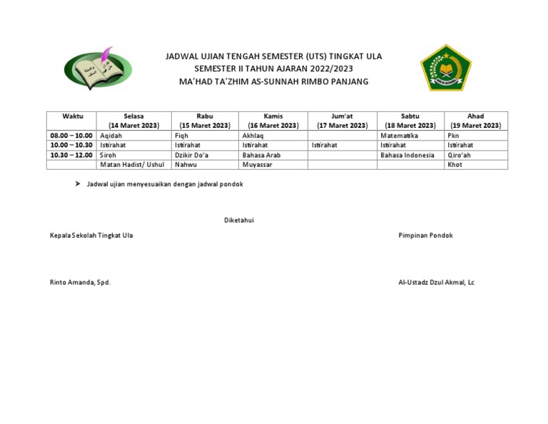 Jadwal UTS Tingkat Ula 2023 | PDF