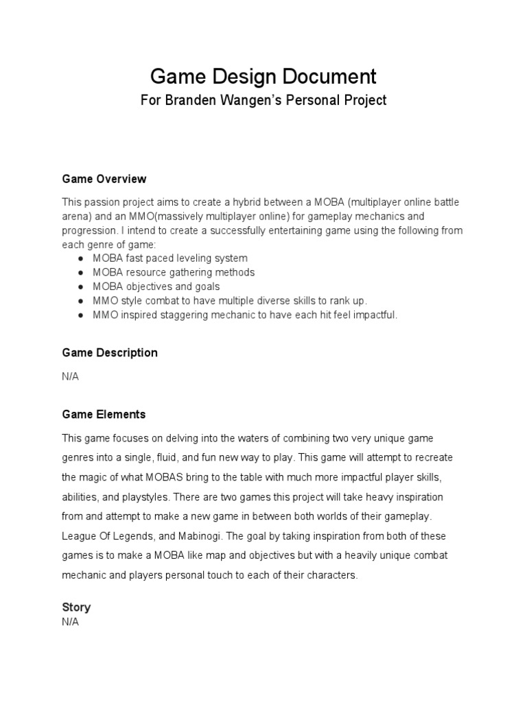 Game Design Document Personal Project Pdf Video Game Design Video Game Gameplay 