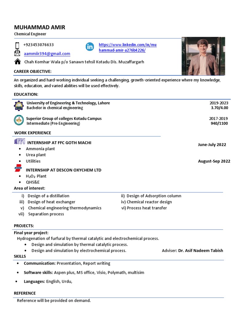 Muhammad Amir: Chemical Engineer Resume | PDF | Technology & Engineering