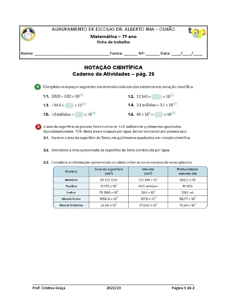 Ficha de Trabalho - CA - Notação Científica | PDF