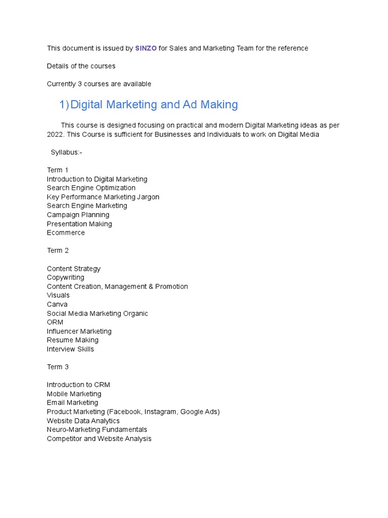 SINZO Courses Syllabus Details | PDF | Digital Marketing | Communication
