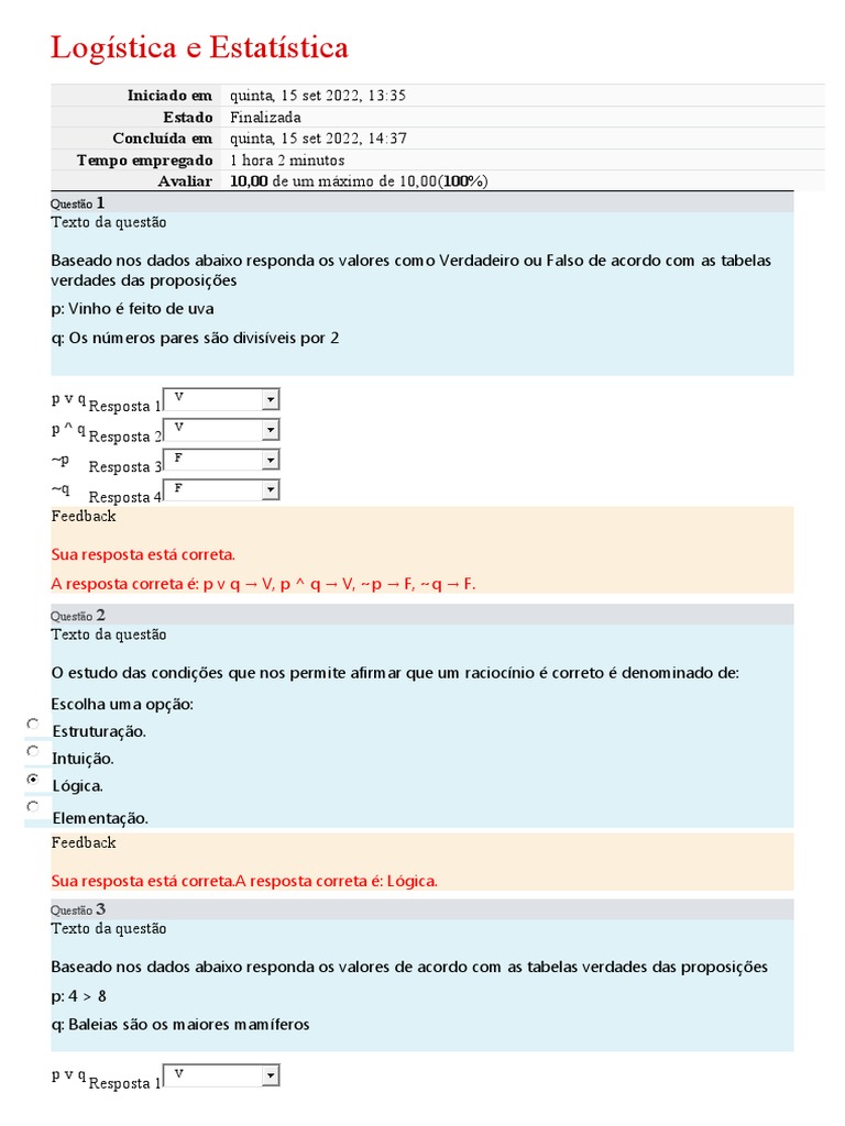 Logística e Estatística TESTE 1 | PDF | Lógica matemática ...