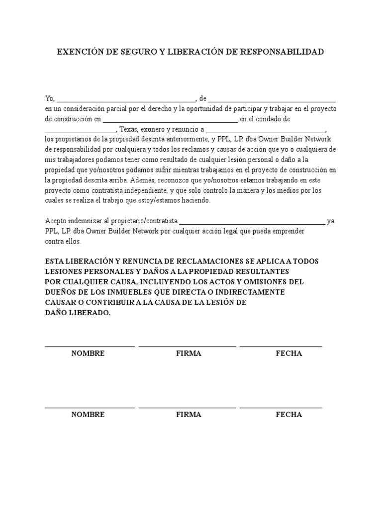 INSURANCE WAIVER AND RELEASE OF LIABILITY (Spanish) | PDF