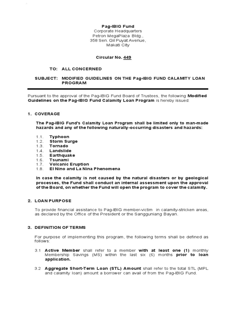 Circular No. 449 - Modified Guidelines On The Pag-IBIG Fund Calamity ...