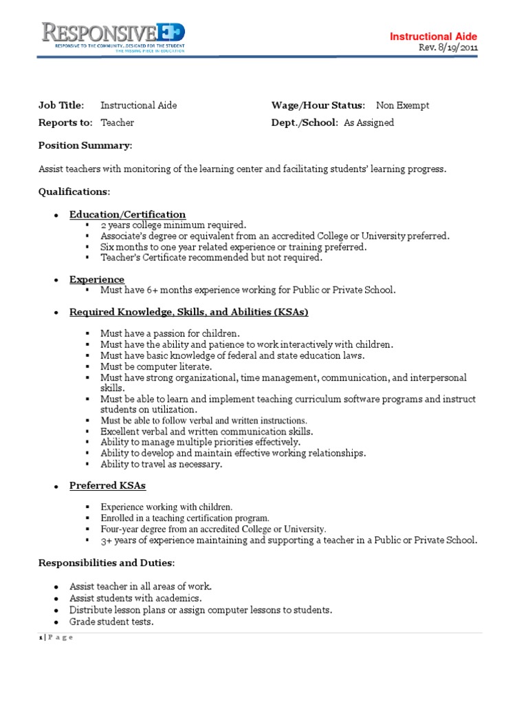 Instructional Aide Job Overview | PDF