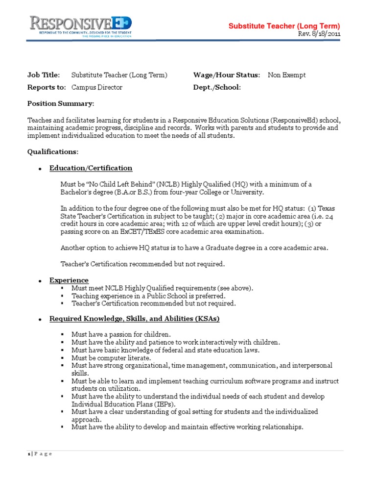 Substitute Teacher Job Description - Long Term Rev 8-17-2011 | PDF ...