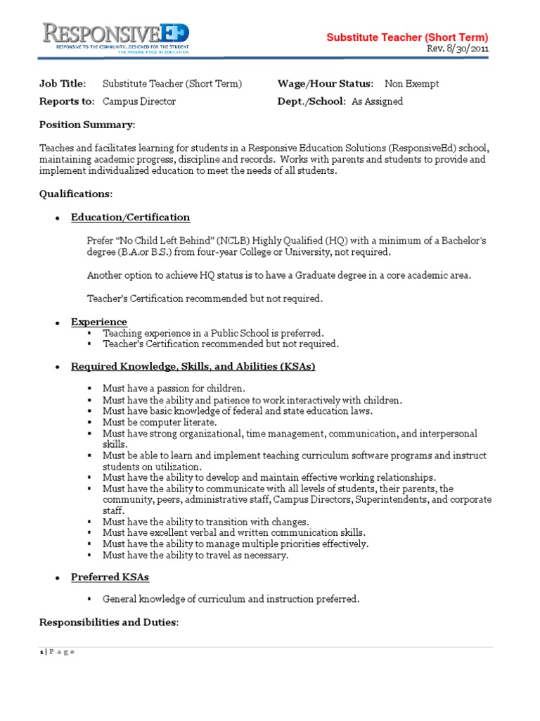 Short-Term Substitute Teacher Role | PDF | No Child Left Behind Act ...