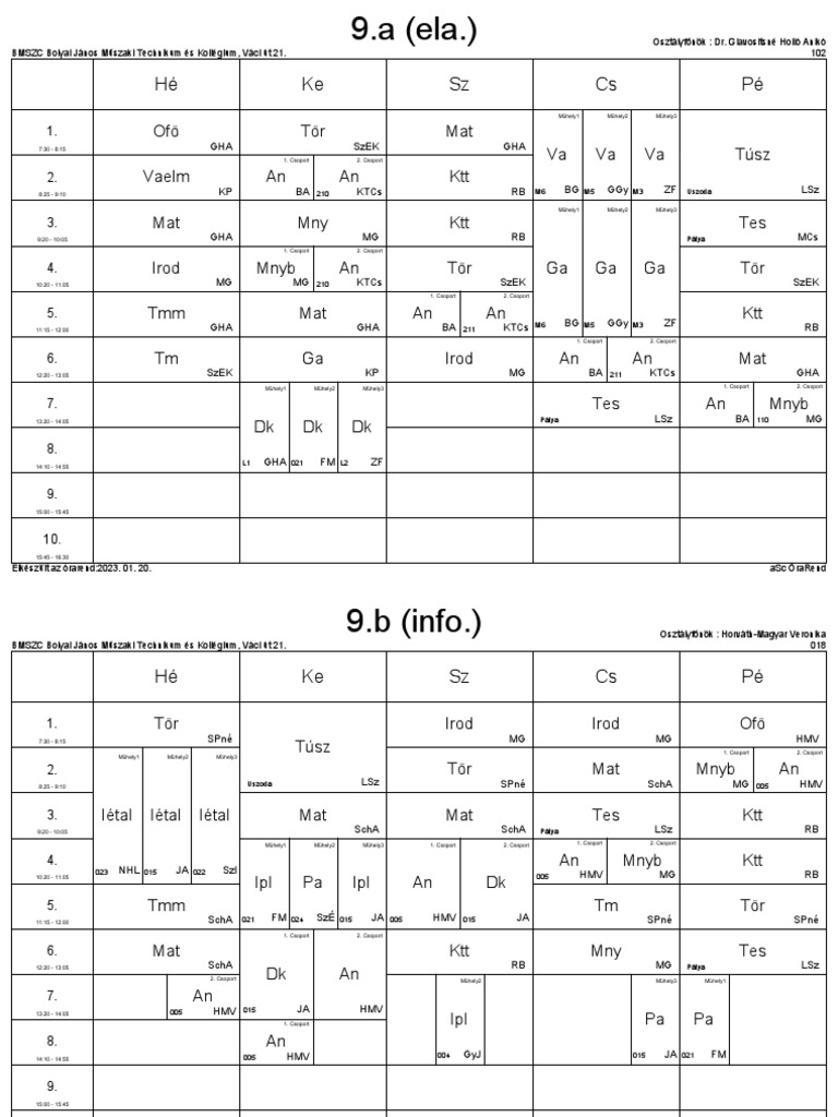 Bolyai Orarend Osztaly 2023.01.23 | PDF
