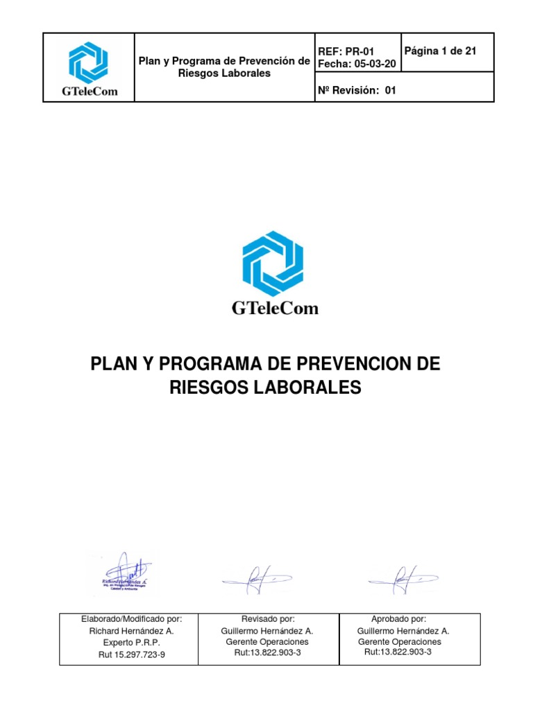 Plan y Programa de Prevencion de Riesgos Gtelecom | Descargar gratis PDF | Riesgo | Seguridad y ...
