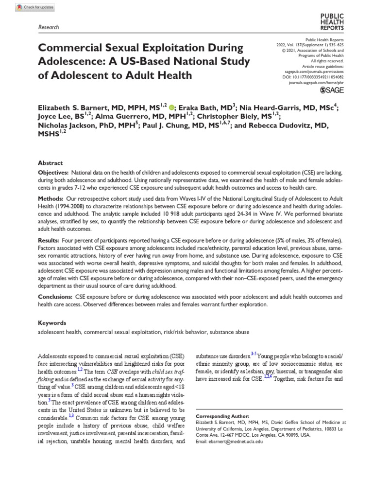 Commercial Sexual Exploitation During Adolescence A Us Based National