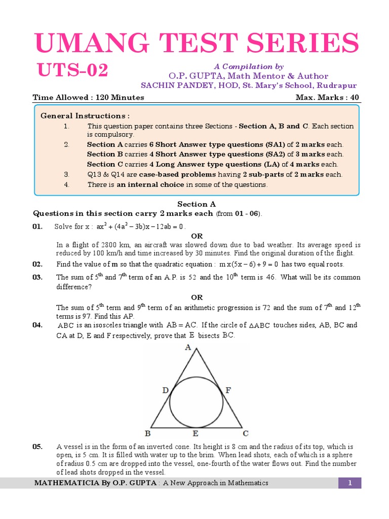 UMANG TEST SERIES - UTS-02: A Practice Test for 10th Grade Mathematics ...