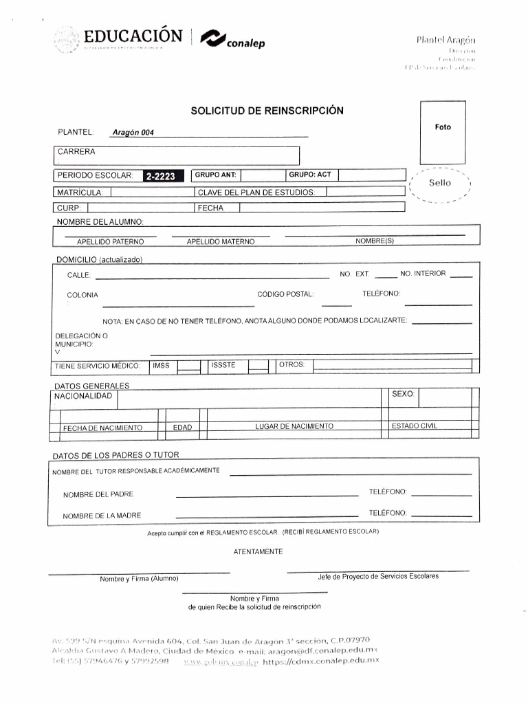 Solicitud de Reinscripción PDF | PDF