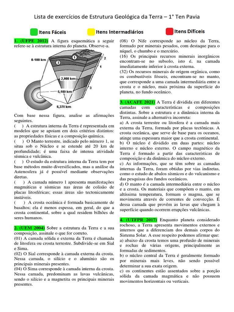 Lista Exercícios Estrutura Geológica Da Terra PDF | PDF | Terremotos ...