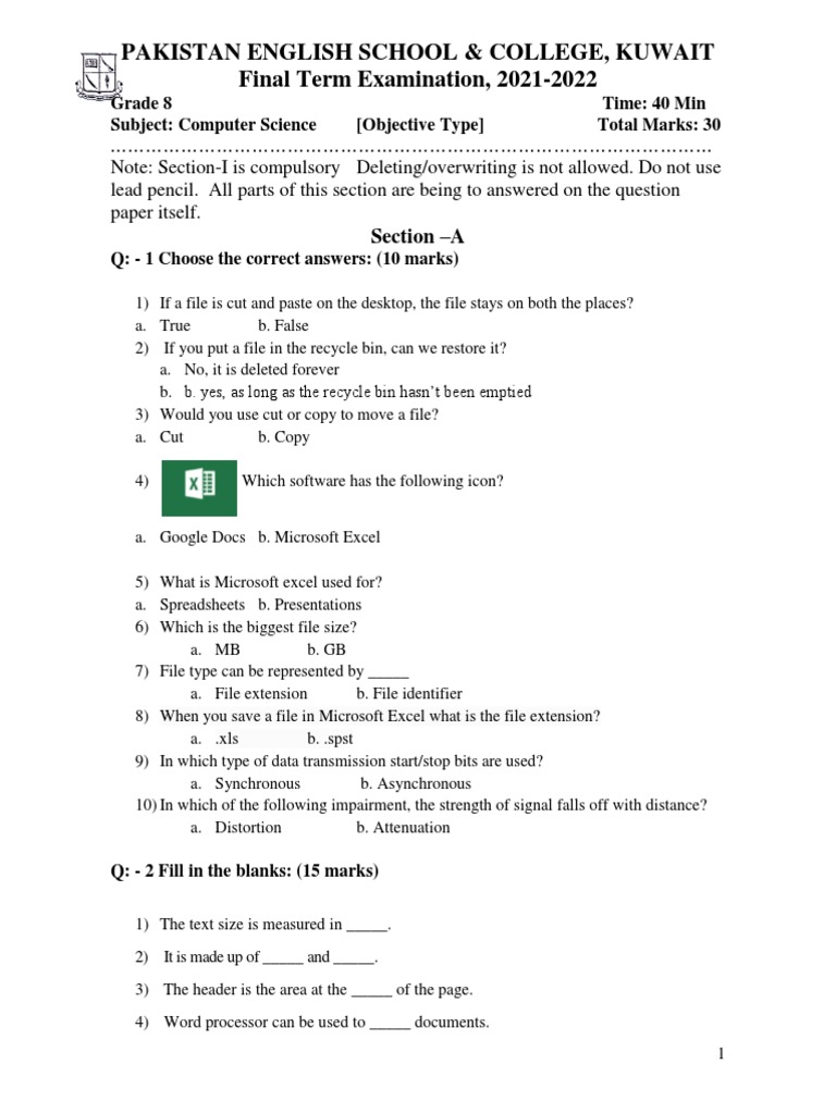 Computer Grade 8 Final Term 21-22 Paper2 | PDF | Computer File | Data ...