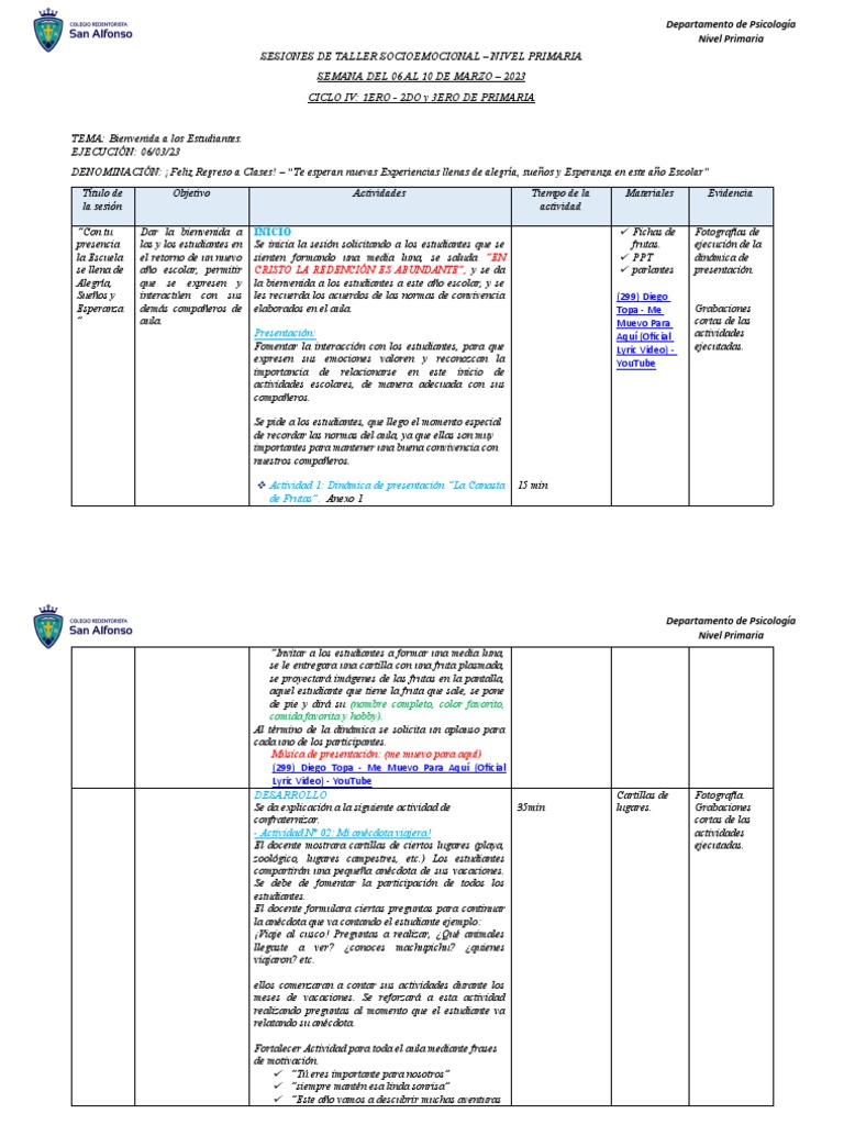 Sesión #01 Taller de Bienvenida - Regreso A Clases | PDF