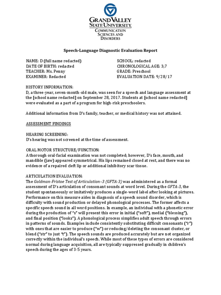 Pediatric Initial Evaluation Report | PDF | Vocabulary | Speech