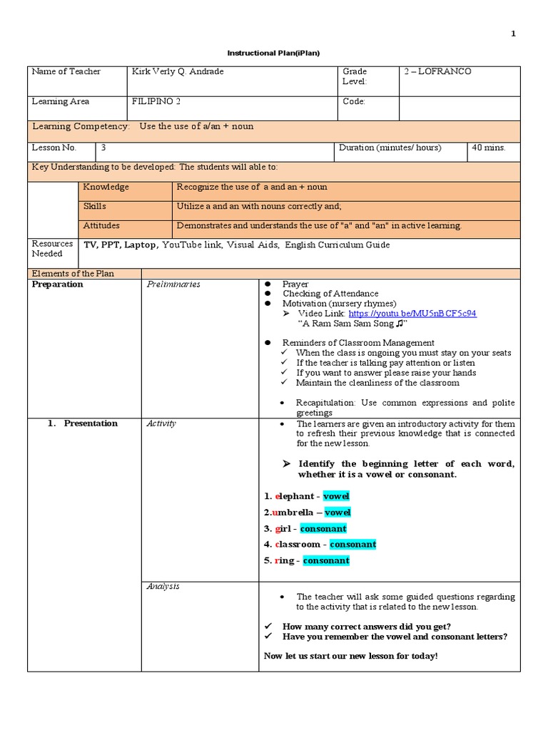 A and An Lesson Plan for Grade 2 | PDF | Teachers | Learning