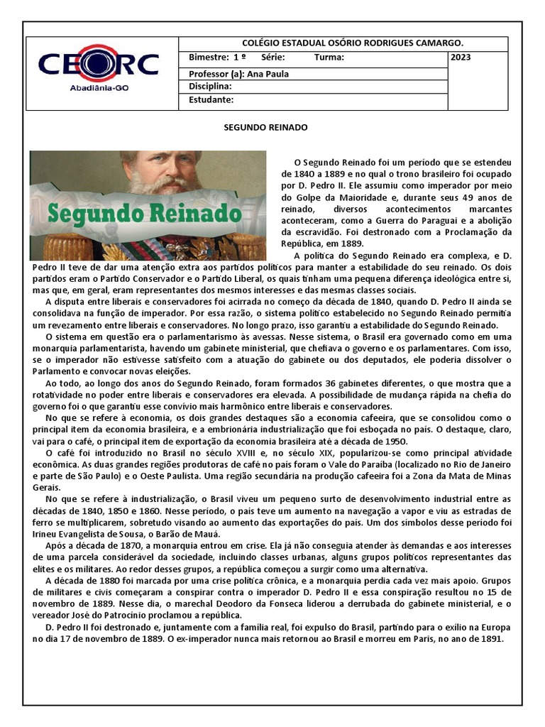 Atividades Segundo Reinado 3 | PDF | Monarquia | Brasil