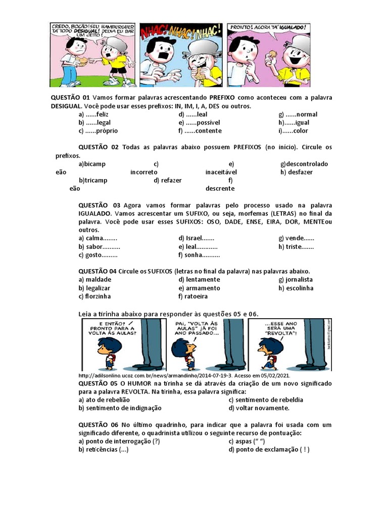 Atividade Revisão Prefixo Sufixo | PDF