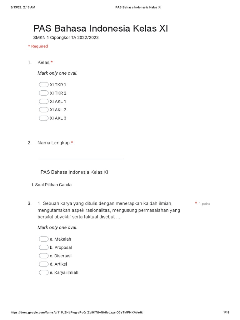 PAS Bahasa Indonesia Kelas XI - Google Forms | PDF