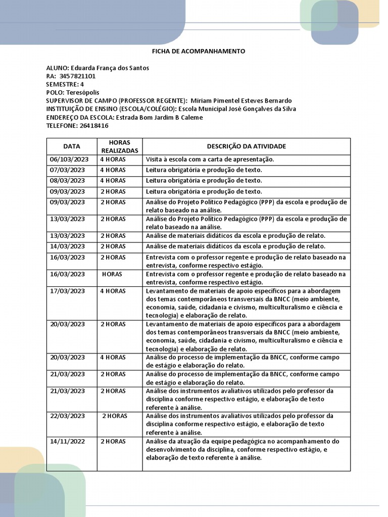 Ficha de Acompanhamento | PDF | Pedagogia