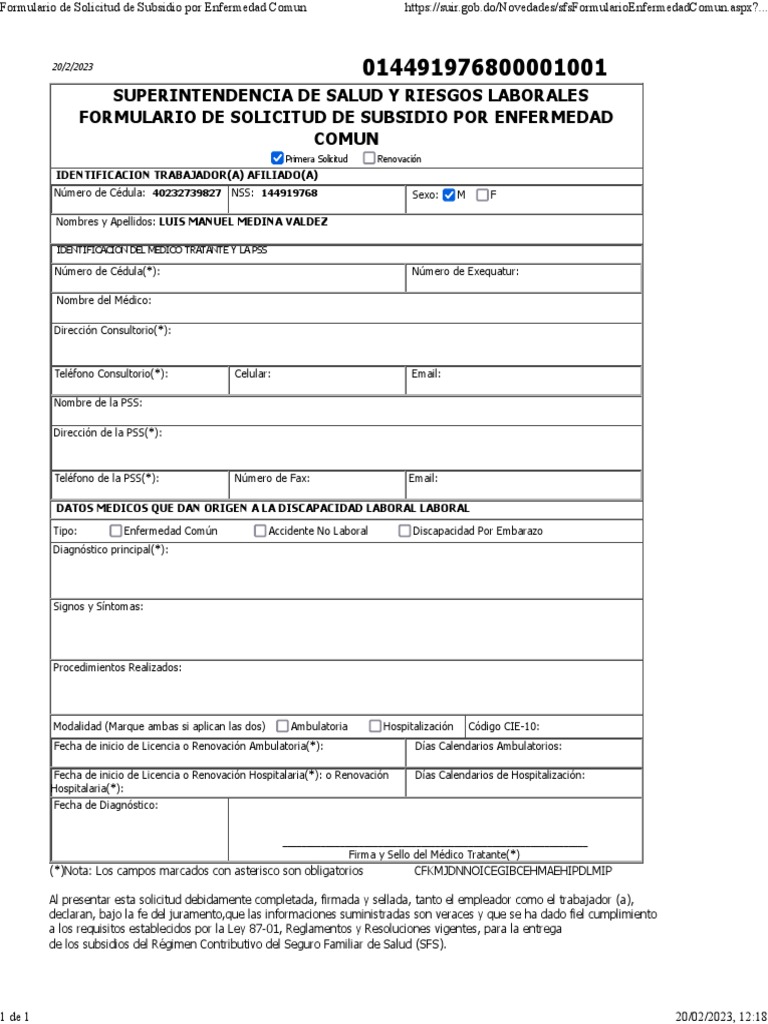 Formulario de Solicitud de Subsidio Por Enfermedad Comun | PDF | Ciencias de la Salud | Medicina ...