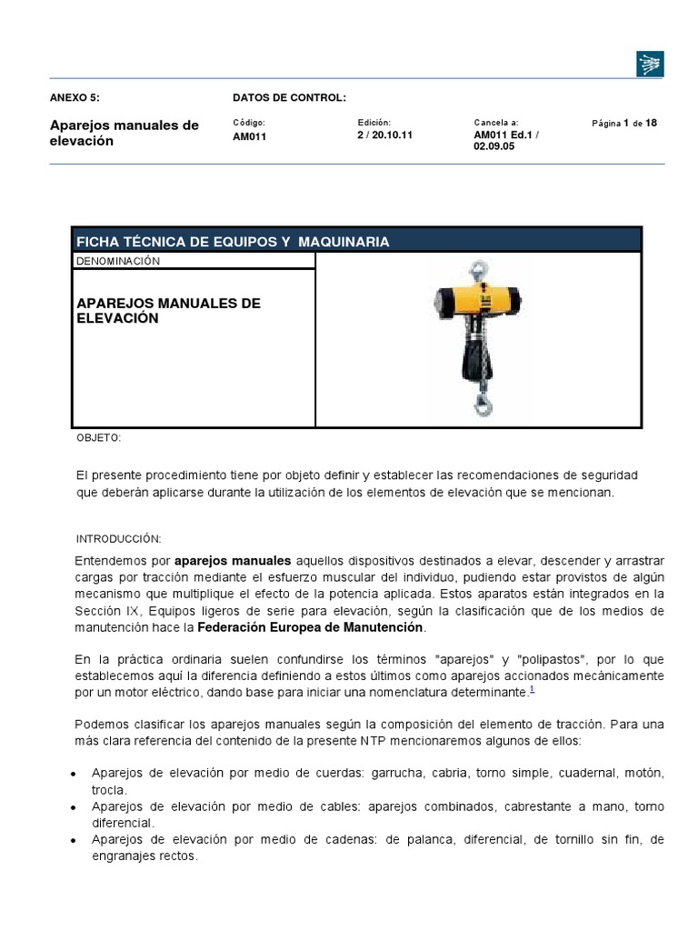 AM011 Ed 2 Anexo 5 Aparejos Manuales de Elevación | PDF | Ingeniería mecánica | Bienes ...