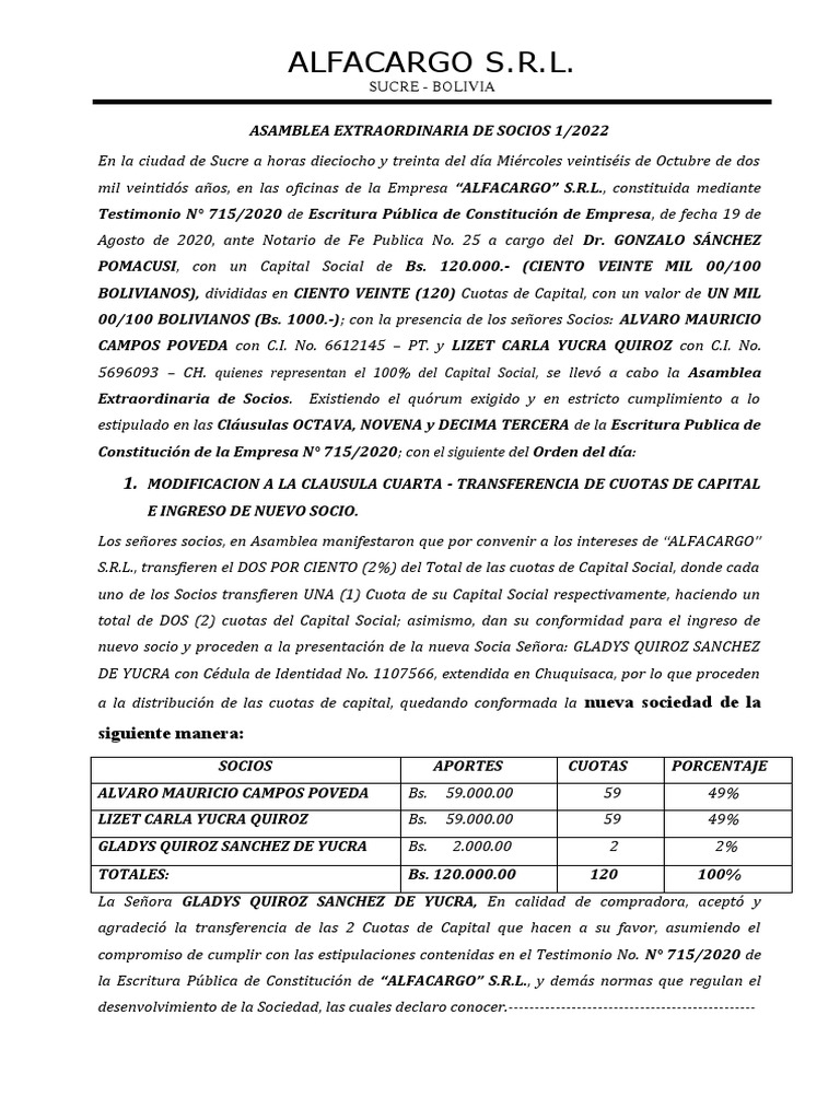 Acta N1 Mod. Const. Transf. Cuotas de K Social | PDF | Bolivia | Gobierno