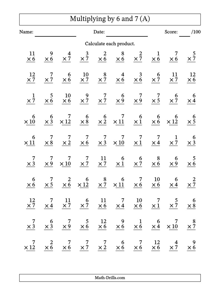 Multiplication Worksheet - Multiplying 1 To 12 by 6 and 7 100 Questions ...