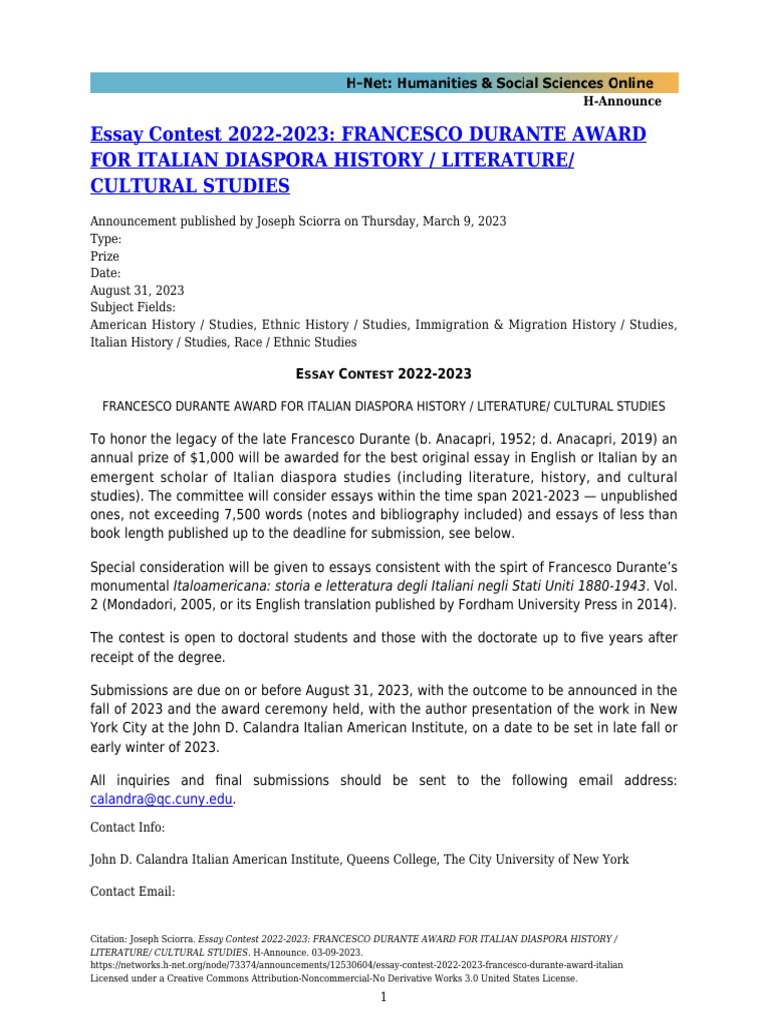 H-Net - Essay Contest 2022-2023 FRANCESCO DURANTE AWARD FOR ITALIAN ...