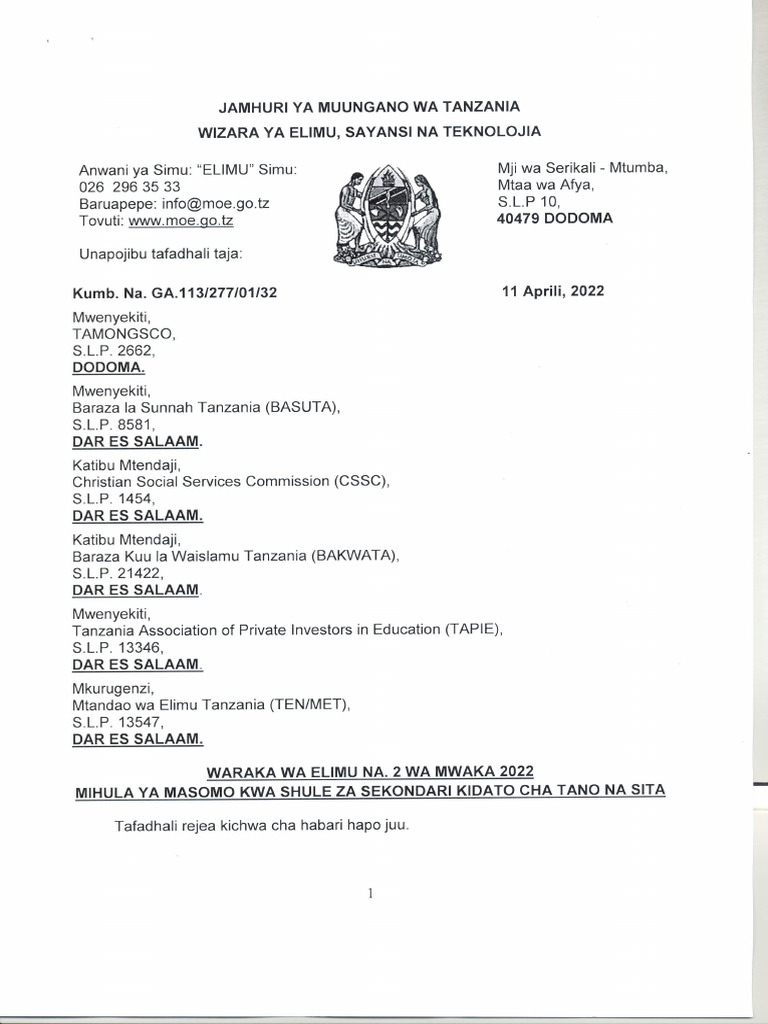 Waraka Wa Elimu Na.2 Wa Mwaka 2022 - Wadau PDF | PDF Waraka Wa Elimu Na.2 Wa Mwaka 2022 - Wadau PDF | PDF