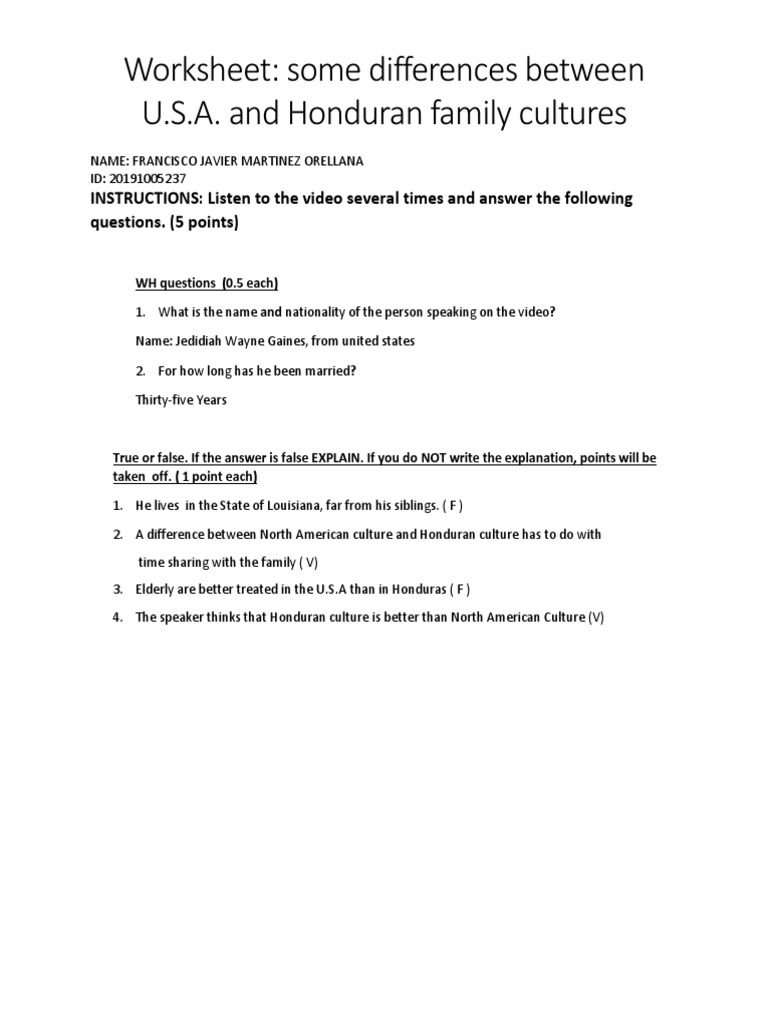 WORKSHEET Some Differences Between North American and Honduran Cultures ...