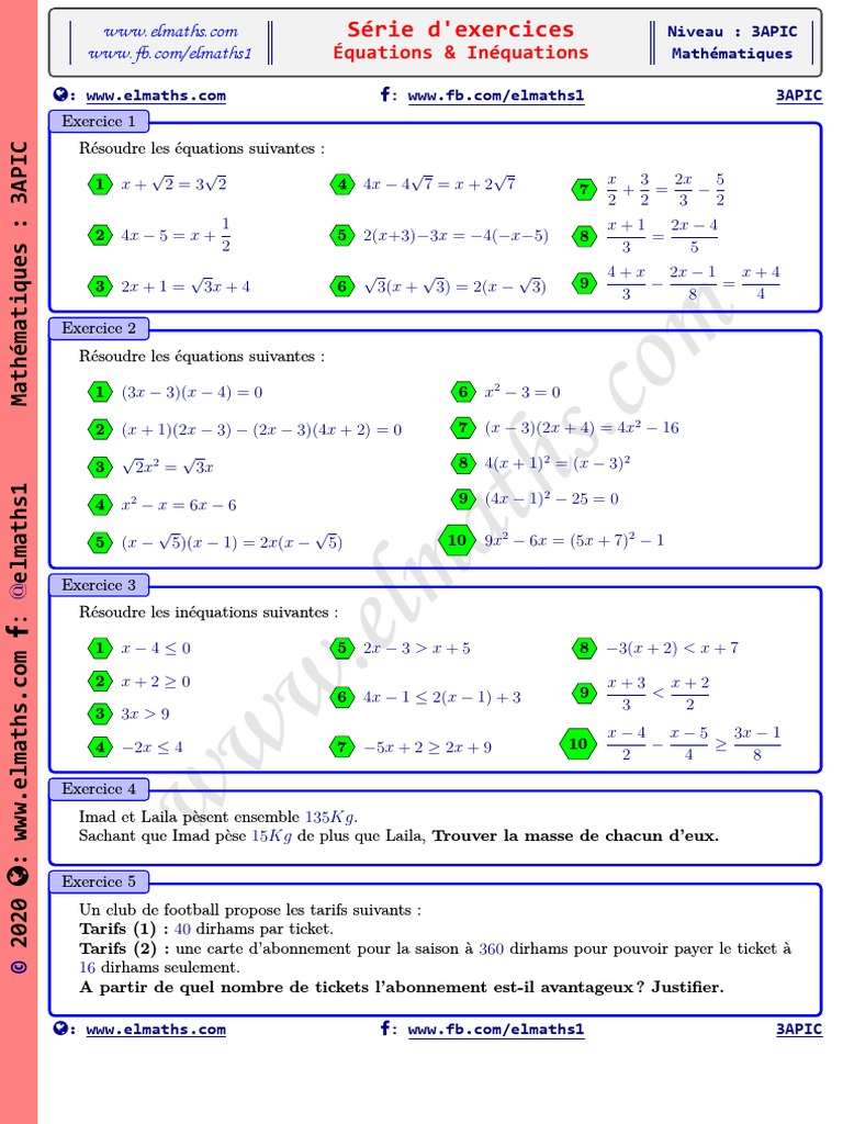 Série 1 Equations Inéquations 3APIC | PDF