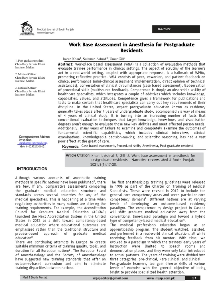 Work Base Assessment in Anesthesia For Postgraduate Residents | PDF ...