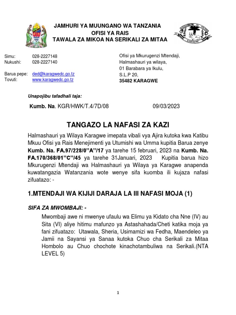 20231003302003tangazo La Kazi Karagwe PDF | PDF