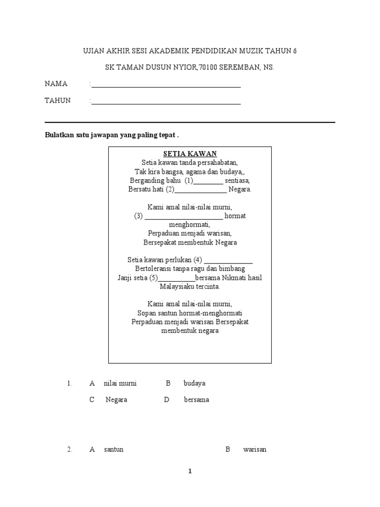 Ujian Akhir Semester Akademik Pendidikan Muzik Tahun 6 | PDF