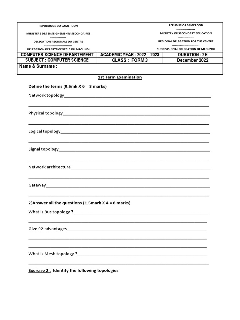 Computer Science Eval 2 Form 3 | PDF | Computer Network | Network Topology