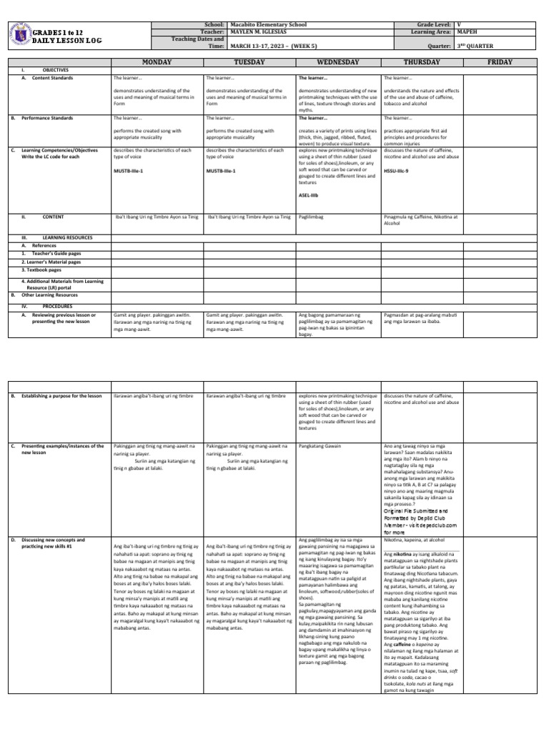 DLL - Mapeh 5 - Q3 - W5 | PDF | Differentiated Instruction | Learning